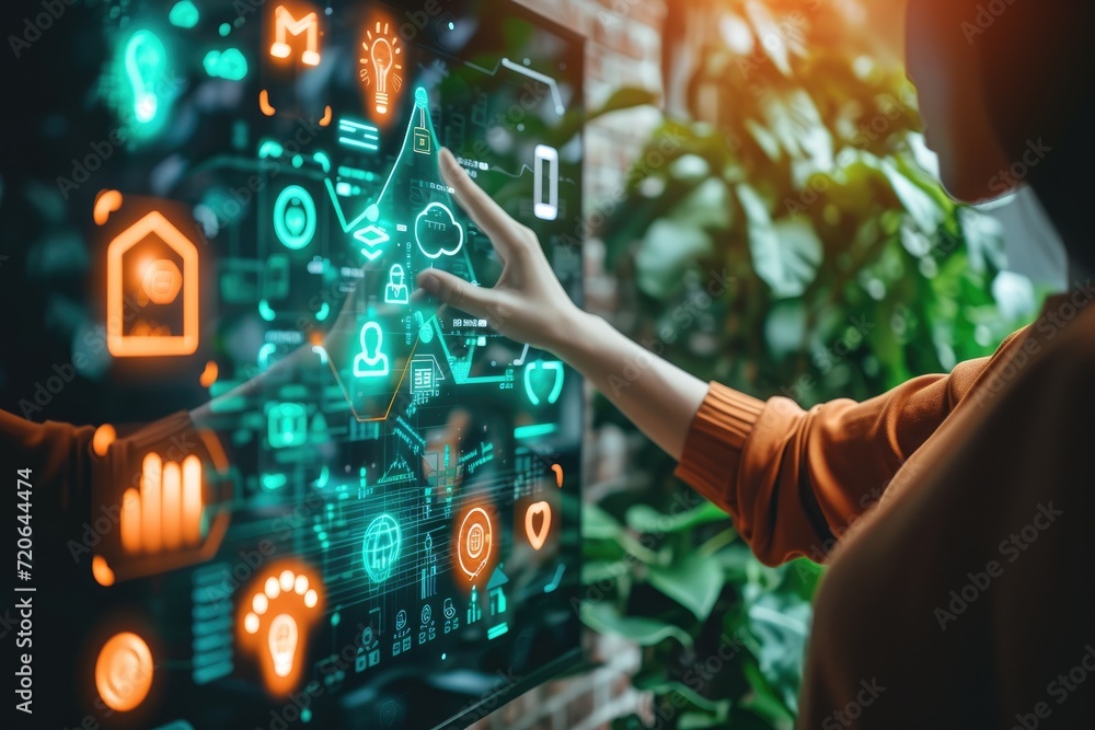 Person engaging with a futuristic digital interface, sustainability ...