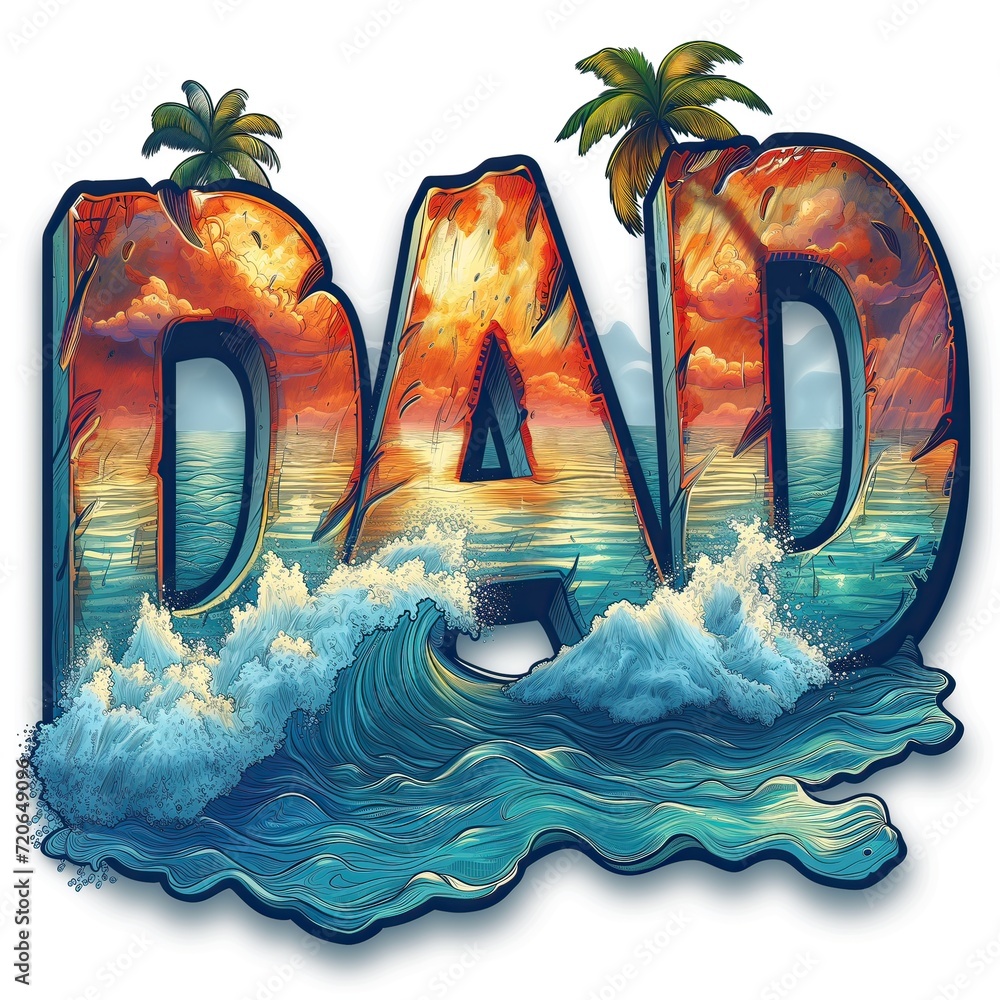 Text Dad in surfers style, waves, palm trees, sunset logo, patch ...