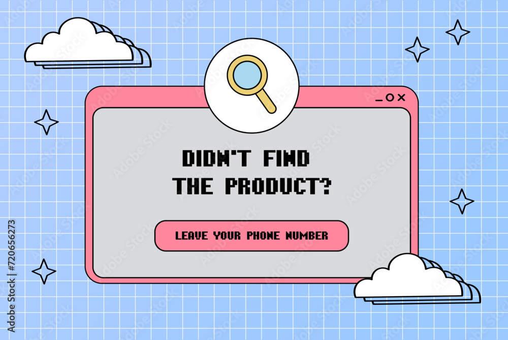 Popup window. Did not find the product. Magnifying glass icon. Retro ...