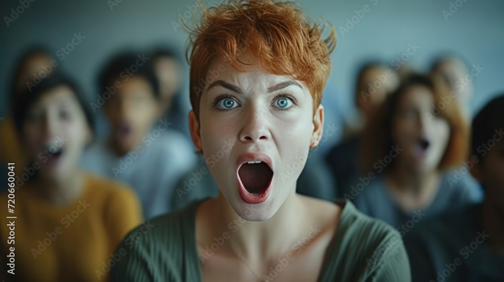 Angry red-haired teacher with short hair screams loudly and opens her ...