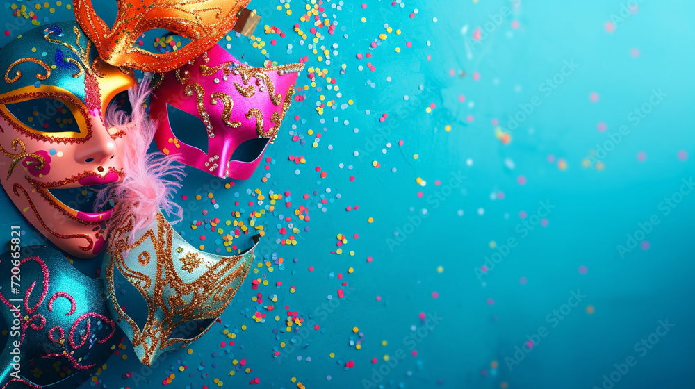 Colorful carnival masks arranged artistically with confetti floating in ...