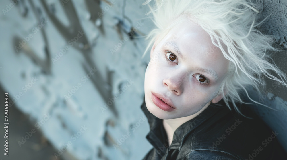 Subtle albino girl with short curly white hair and hazel eyes looks ...