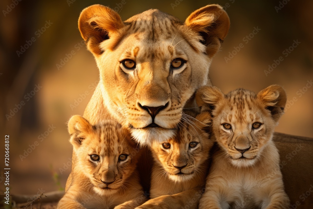 Foto de mother lioness with her young ones, little lion cubs, cuddles ...
