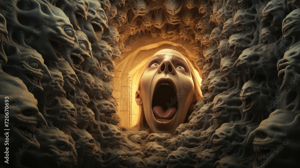 Red nightmare: The beautiful face of a terrified woman amidst terrible ...