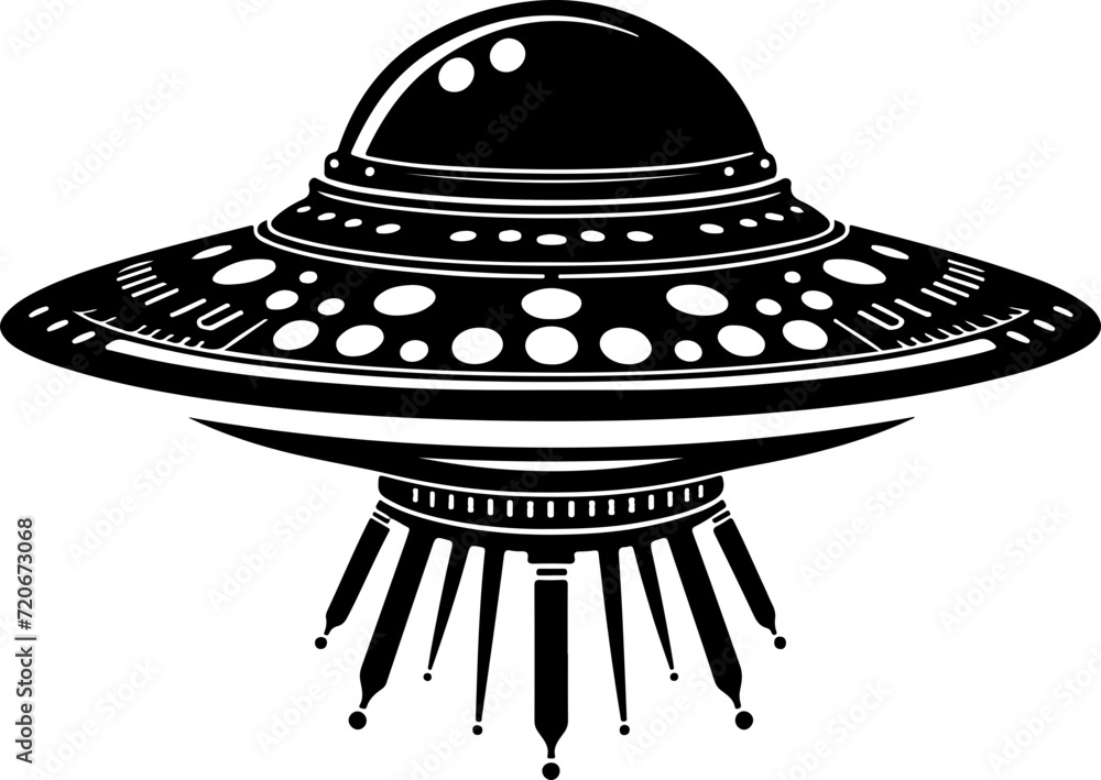 Classic Flying Saucer UFO Vector Illustration, A black and white vector ...