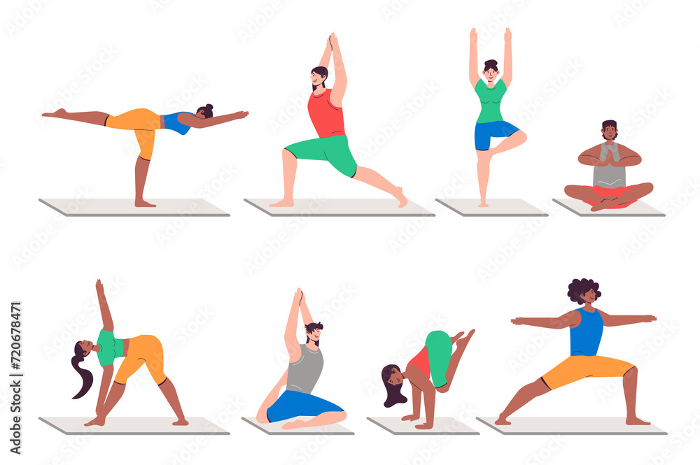 People doing yoga asanas set in flat design. Men and women practicing ...