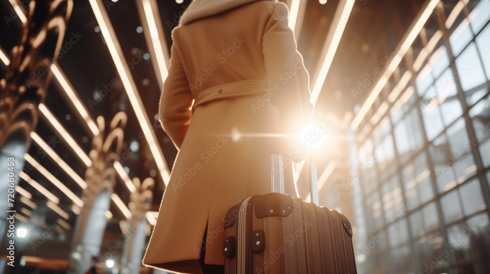 Close-up photos of a Businesswoman Wearing a beige coat. with luggage ...