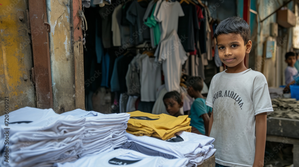 Child labour as a problem, clothing workshop with new t-shirts on the ...