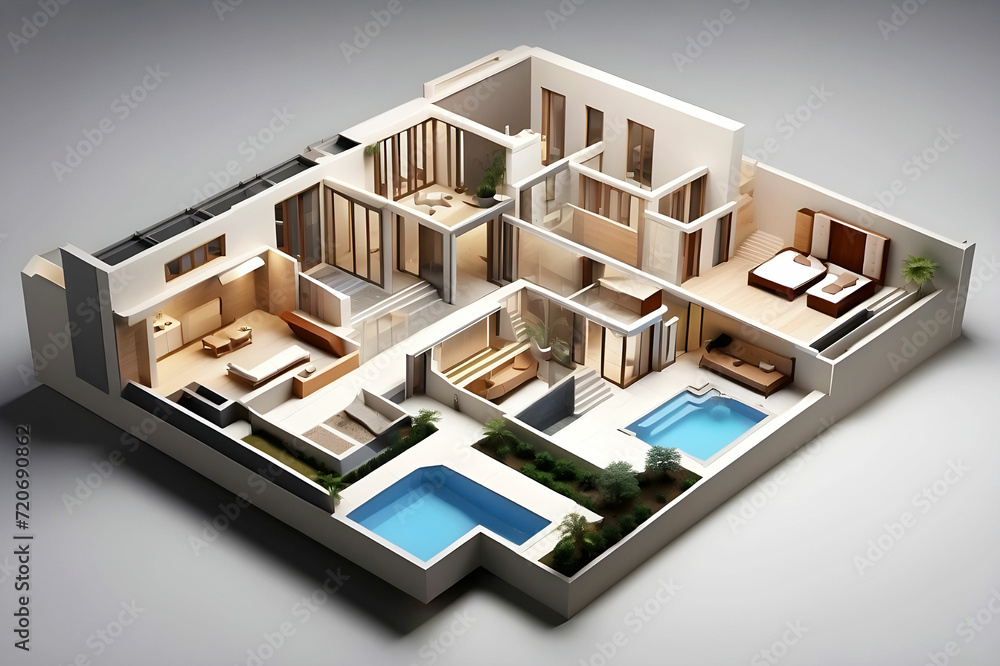 modern house plan 3d view, Modern Interior Design Floor Plan 3d Render ...