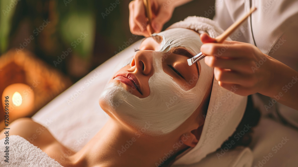 Relaxed woman receiving a facial treatment with a mask being applied to ...
