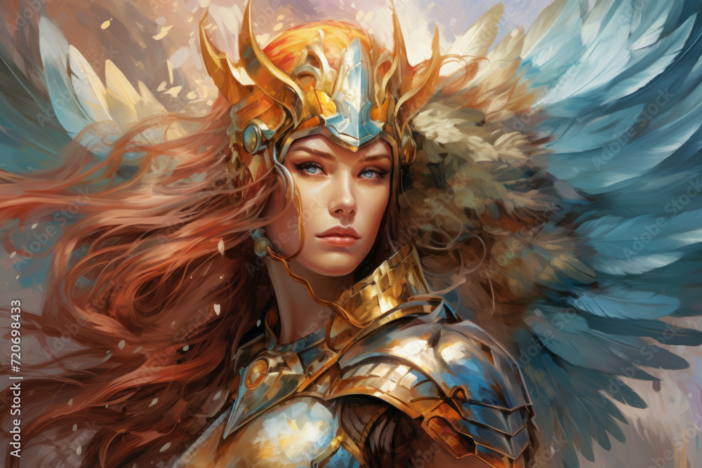 Valkyrie, a warrior maiden in armor and a helmet with wings. Norse ...