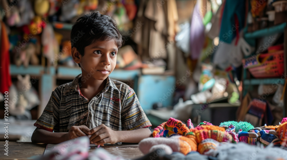 Sad Indian child is producing stuffed toy, workshop on the background ...