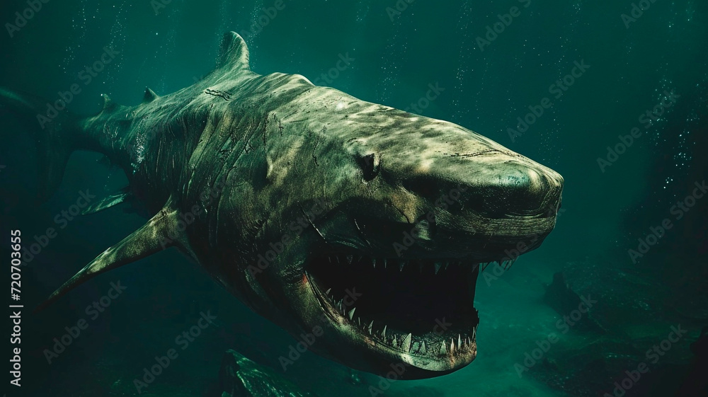 huge old shark with scars and chips. underwater footage of the marine ...