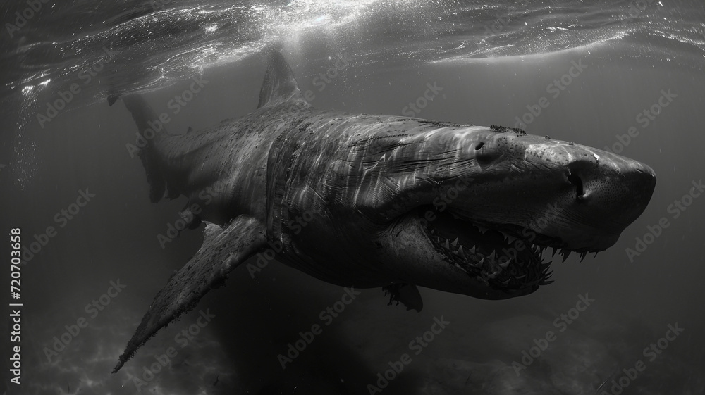 huge old shark with scars and chips. underwater footage of the marine ...
