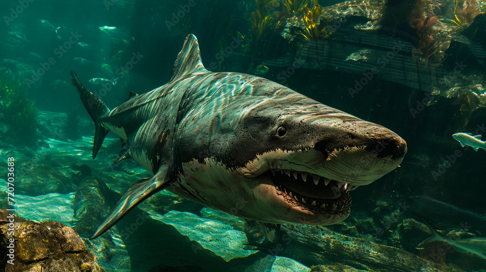 huge old shark with scars and chips. underwater footage of the marine ...