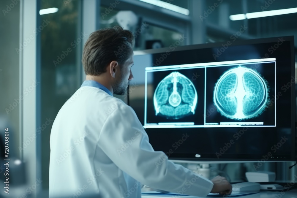 Doctor analyzing patients MRI brain scan computer tomography medical photo x-ray scanner science ...