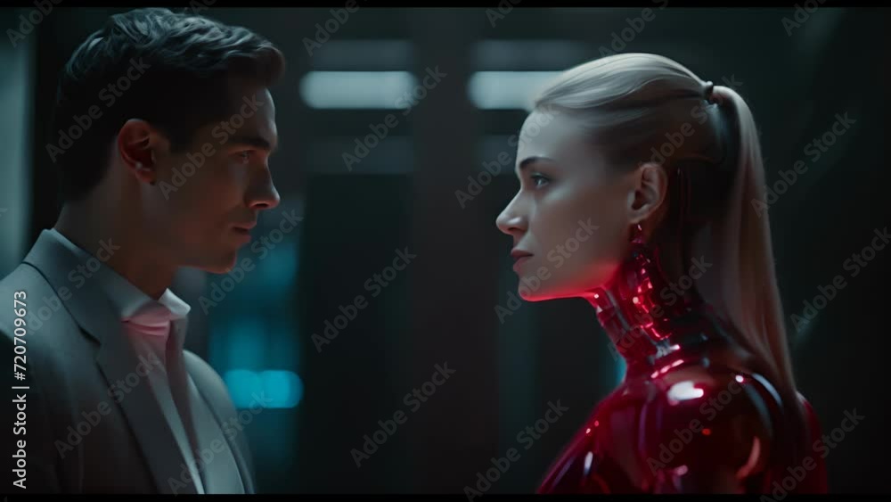 Couple in love: a man and a futuristic android robot. Technological sci ...