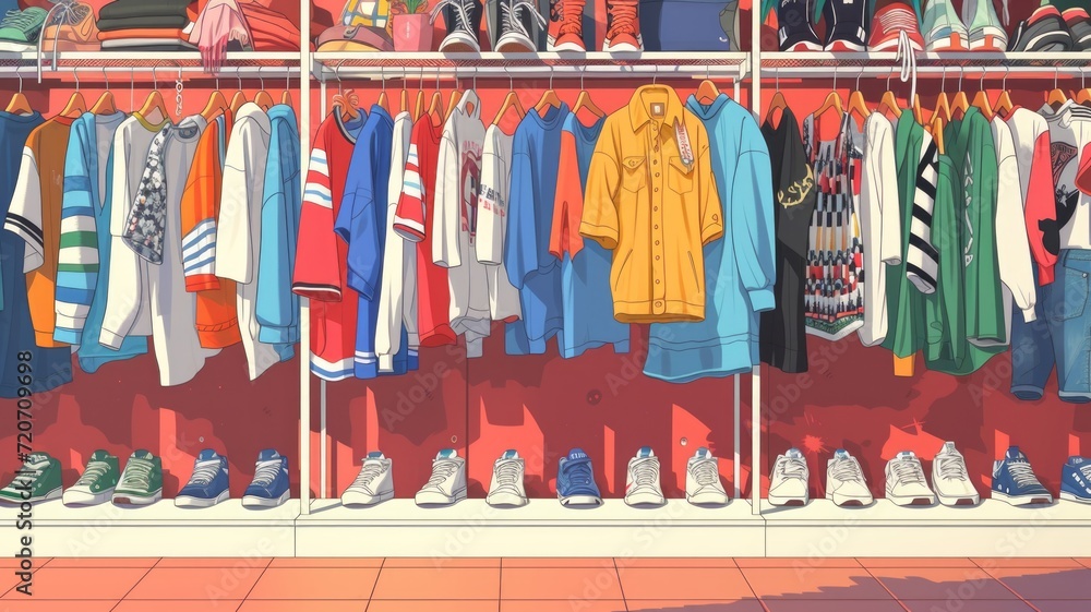 Racks with clothes and shoes that repeat the sustainable fashion ...