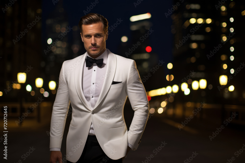 Under the city lights, a dapper man poses in a stylish double-breasted ...