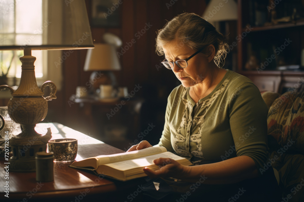 An intellectual mature woman with a sleek ponytail and glasses immersed ...