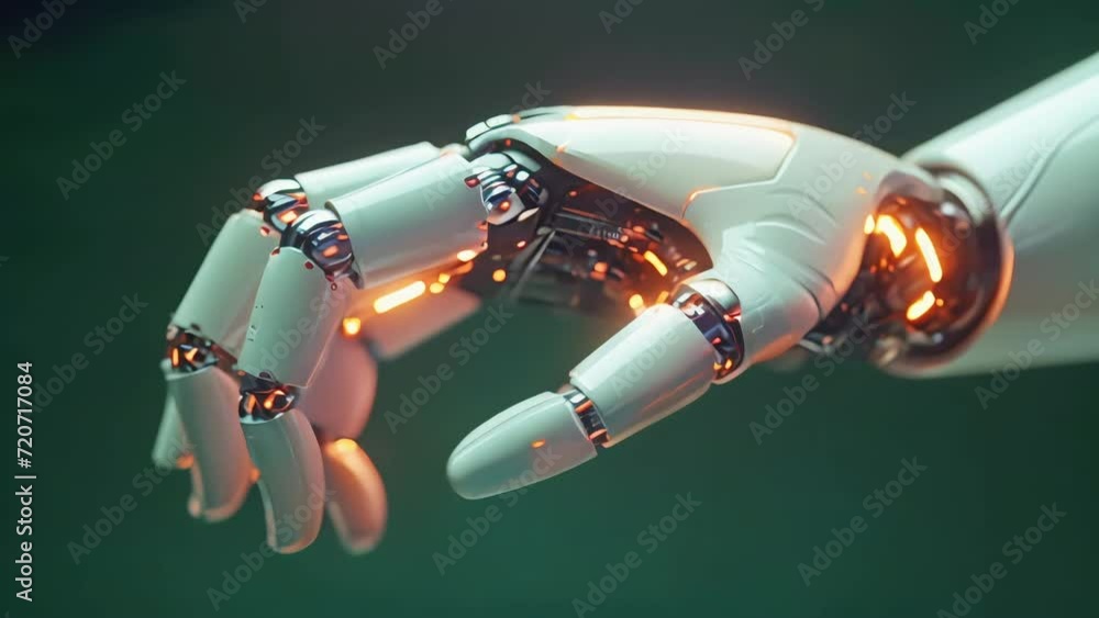 Robot ot humanoid hand on dark green background with warm light ...