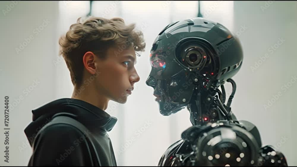 Side view of young man or teenager boy in front of a robot humanoid ...