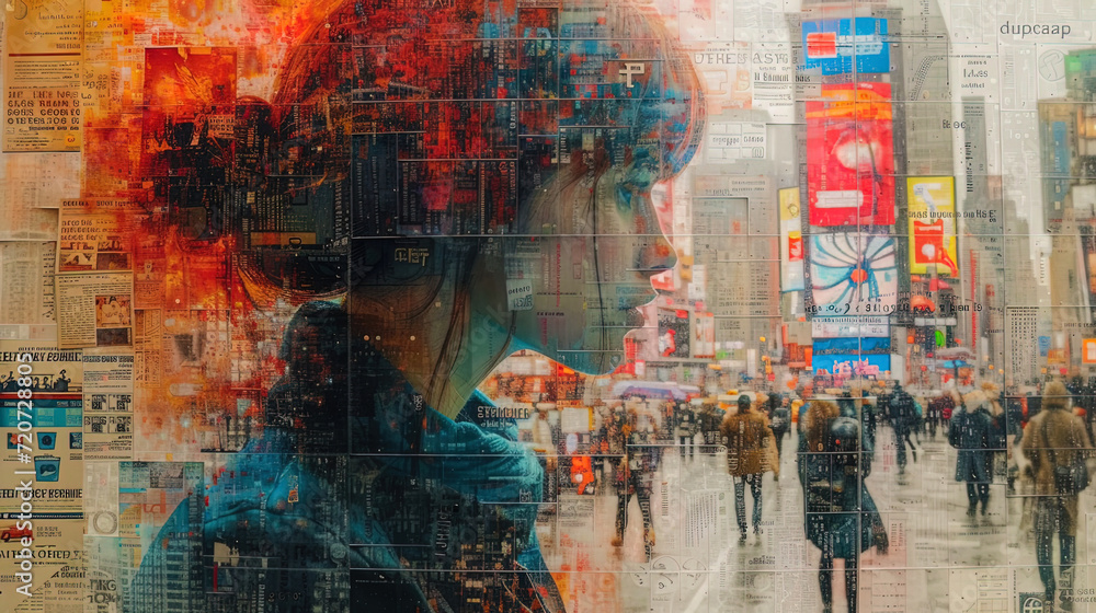 The collage of scenes of city life, where each image tells its unique s ...
