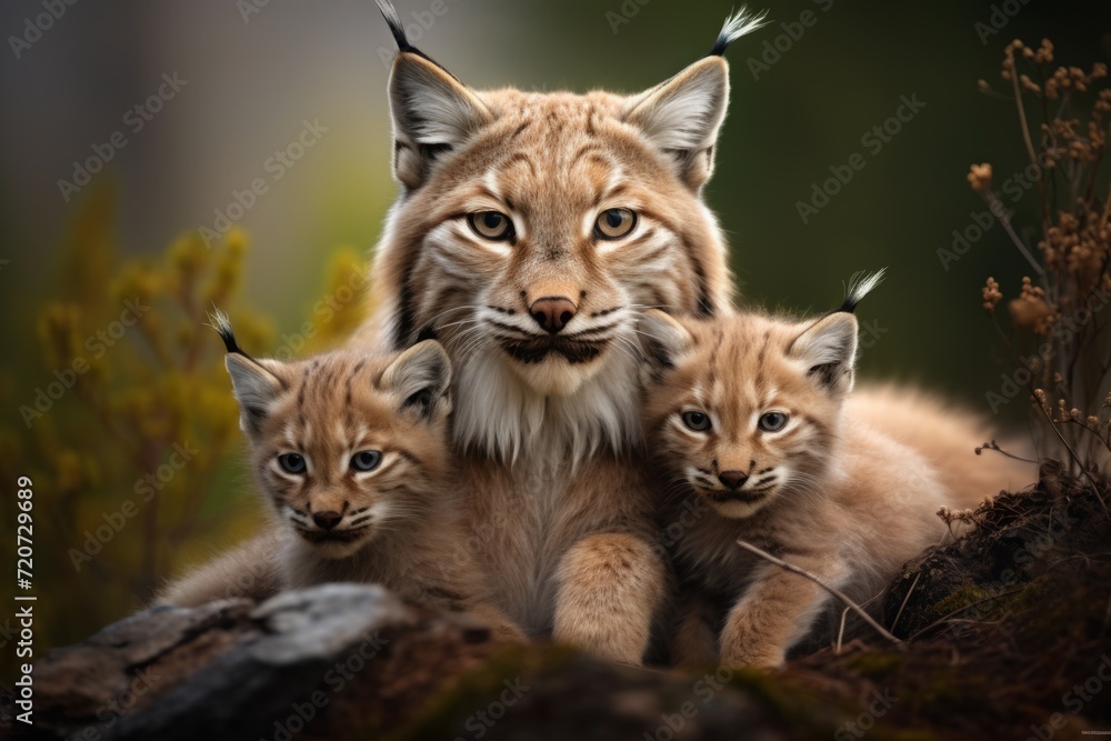 mother lynx with her young ones. litter of kittens. female and little ...