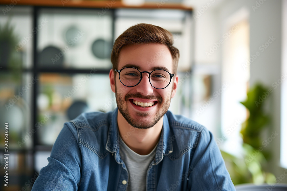 Grinning young man with glasses in an office setting. The image ...