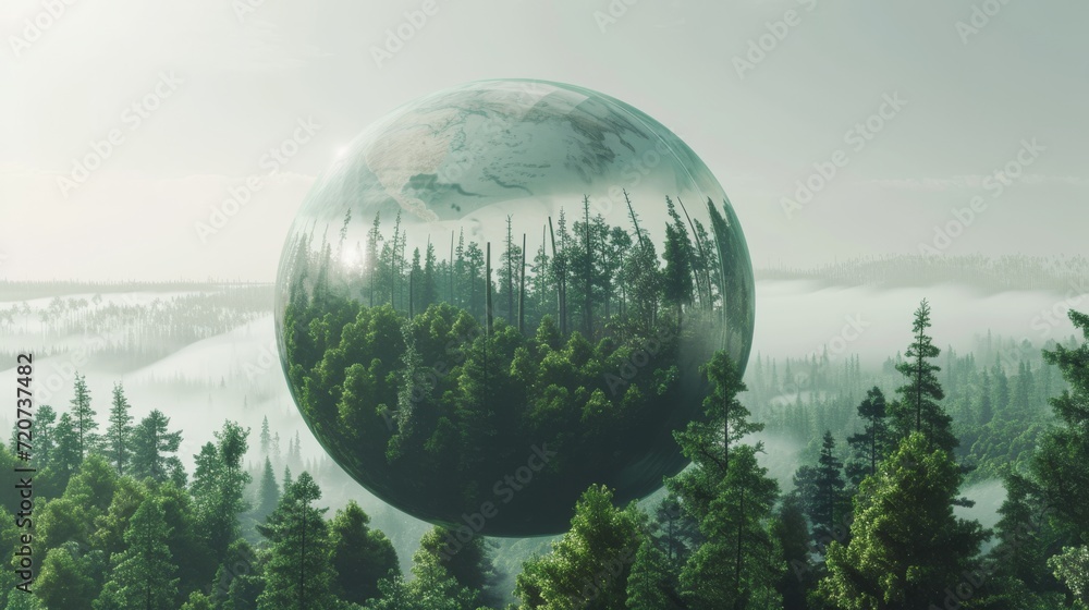 A serene forest encapsulated within a floating orb, surrounded by the ...