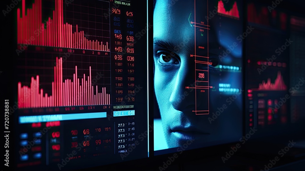 Surveillance monitor display with human face. AI-generated background ...