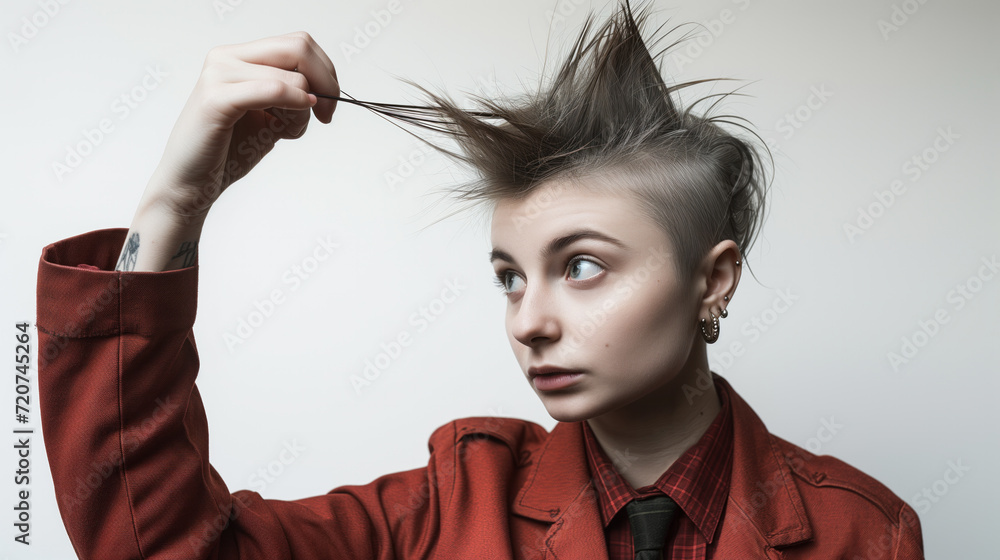 Non-binary punk kid with mohawk pulling their hair, side shave, grunge ...