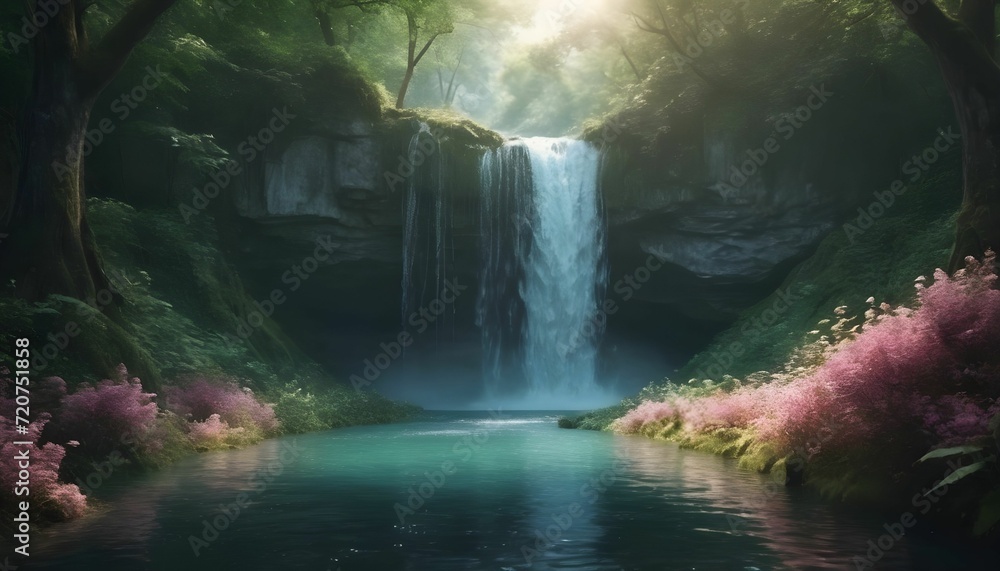 Beautiful magical waterfall in the forest, fantasy and fairy tale ...