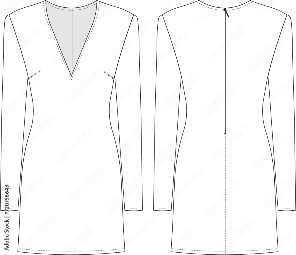 wide v neck long sleeve h line zippered short mini dress template ...