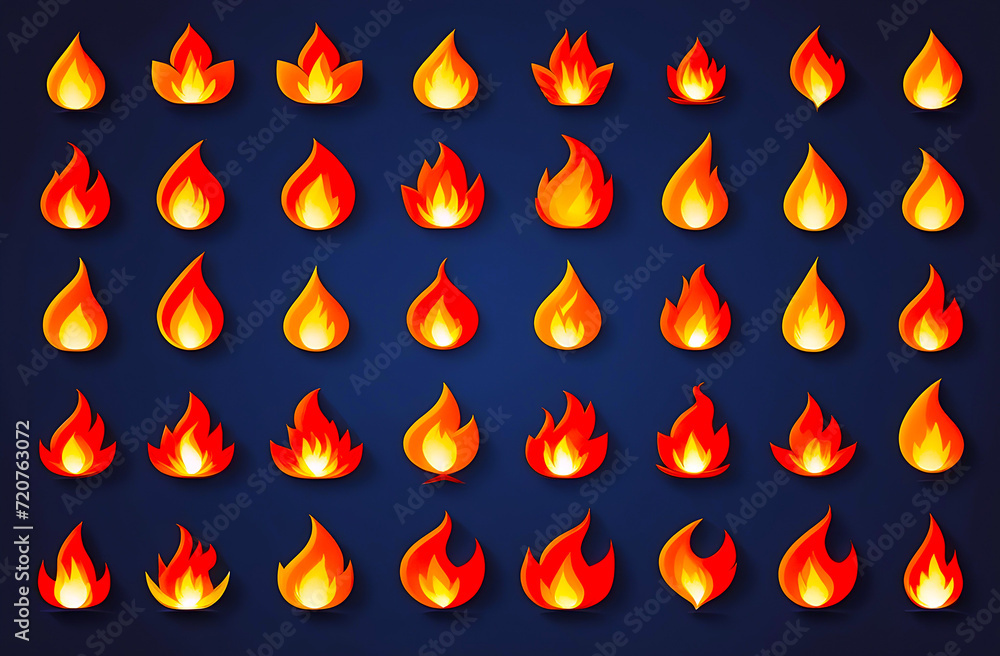Fire flame icons set. Render sprite of fire emoji, energy and power ...