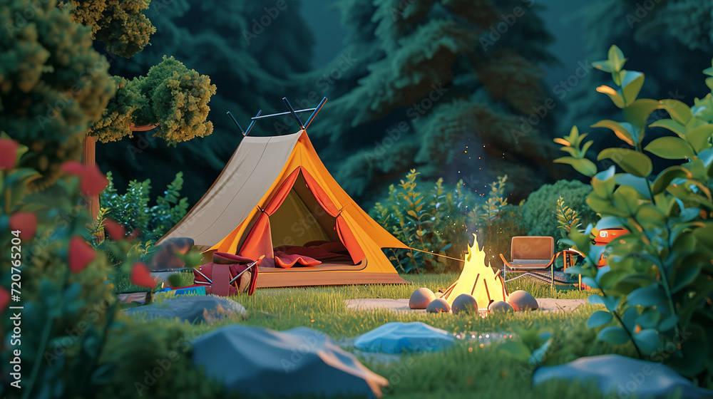 A backyard camping scene with a tent, sleeping bags, and a campfire ...