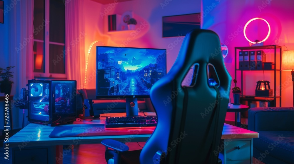 Computer Gaming PC on video gaming desk in dark room with neon light ...