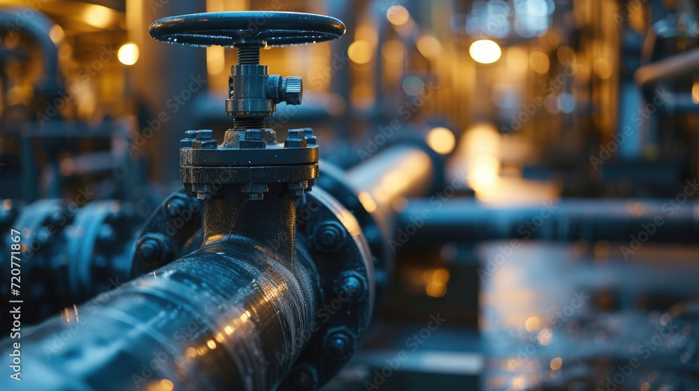 Black factory pipeline with valve close-up, crude gas and oil pipes of ...