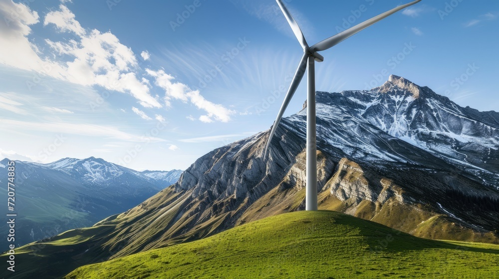 Wind turbine amidst snow-covered mountain peaks. Sharp focus and hyper ...