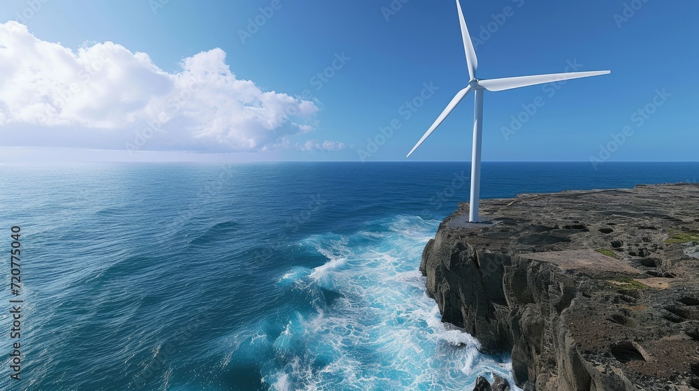 Coastal landscape with wind turbine, rugged rocks, and ocean waves ...