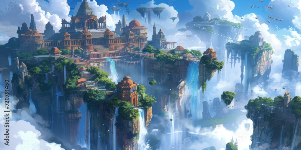An ancient temple floating in the sky, surrounded by floating islands ...