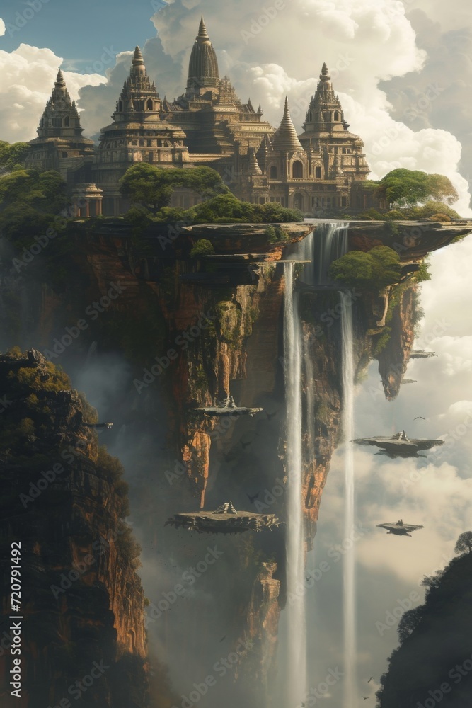 An ancient temple floating in the sky, surrounded by floating islands ...