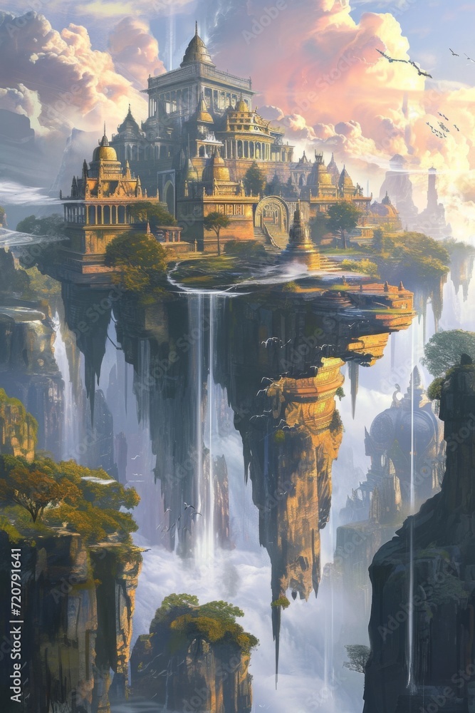 An ancient temple floating in the sky, surrounded by floating islands ...