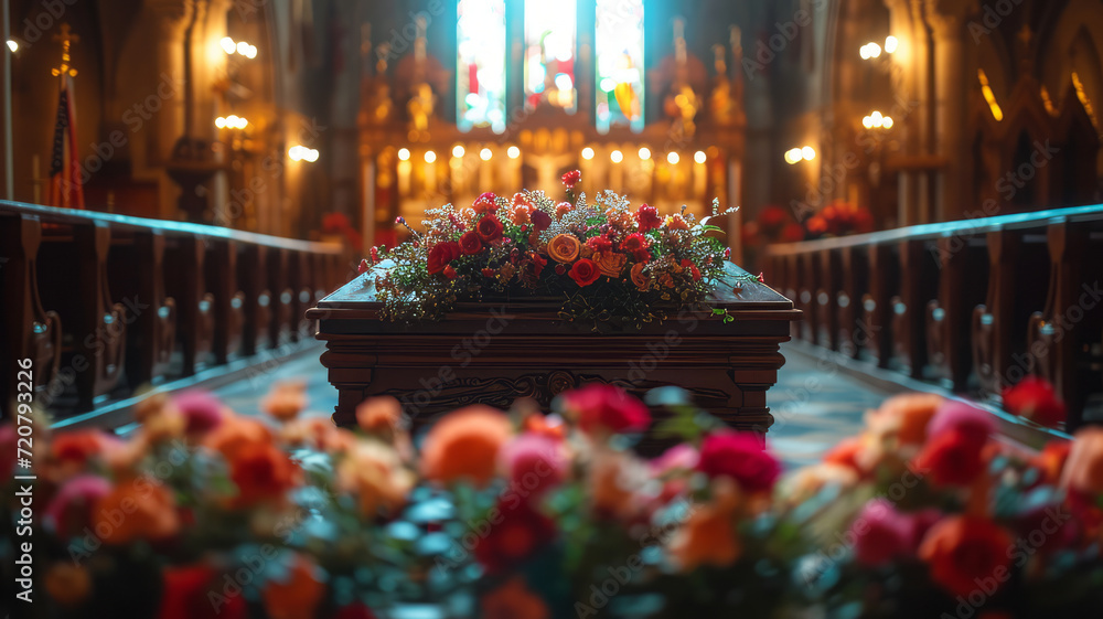 Sad, funeral and flowers with couple and coffin in church for death ...