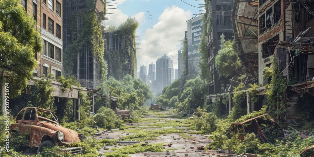 Hyper-detailed scene of a post-apocalyptic world where nature has ...