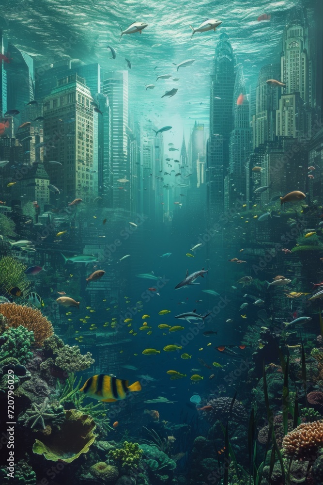 Hyper-realistic underwater scene with a city submerged beneath the ...