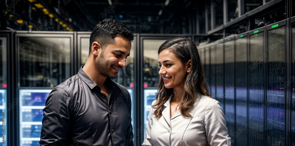 The image captures the collaboration and expertise of two computer technicians working ...