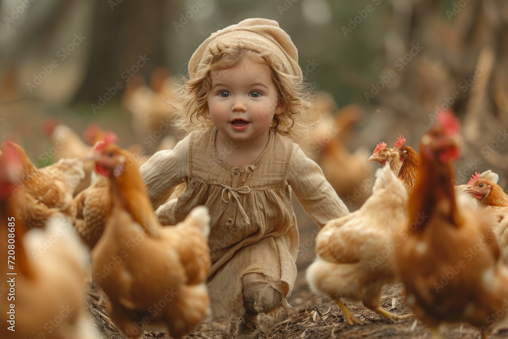 Little Girl Walking Through a Field of Chickens. A little girl wearing ...
