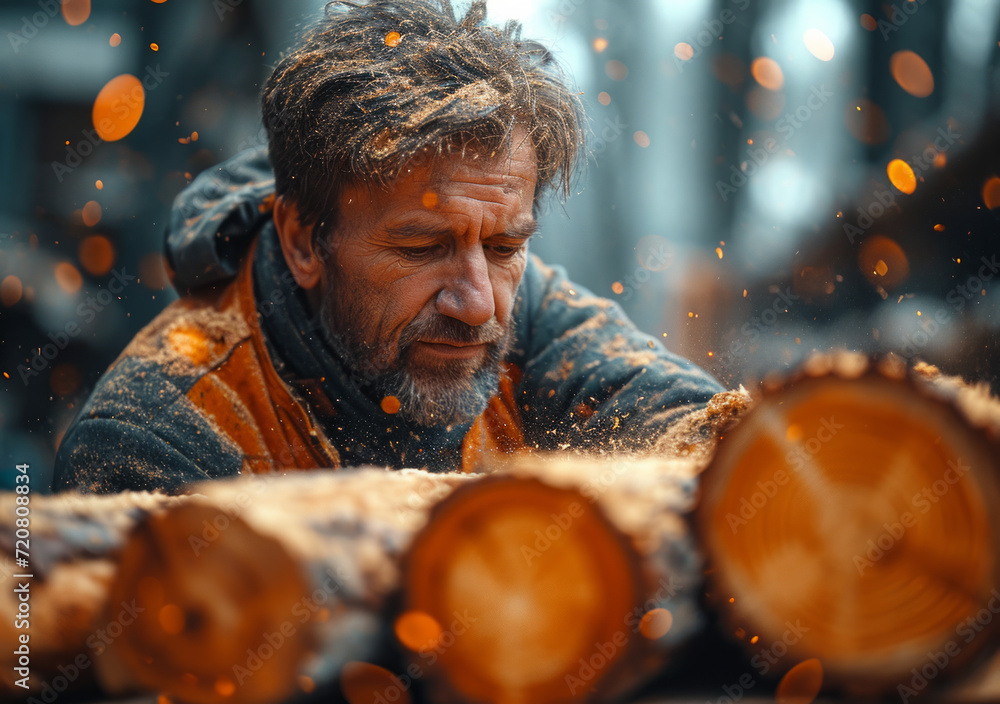 Man Carving Wood Sculpture With Chisel and Mallet. A skilled man ...