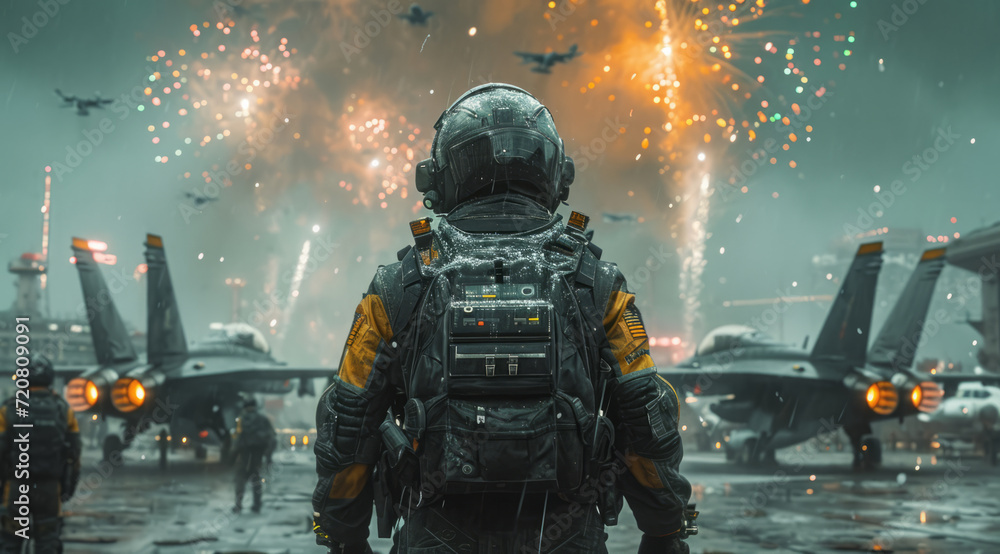 Man Standing in Front of a Formation of Fighter Jets at an Air Base. A ...